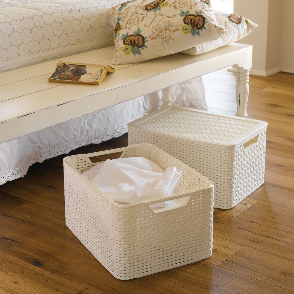 Korg med lock Rattan Style krämfärgad L